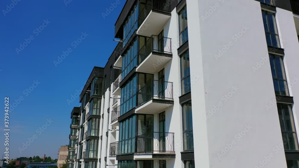 New apartment house. Detailed video on balconies of freshly built high ...