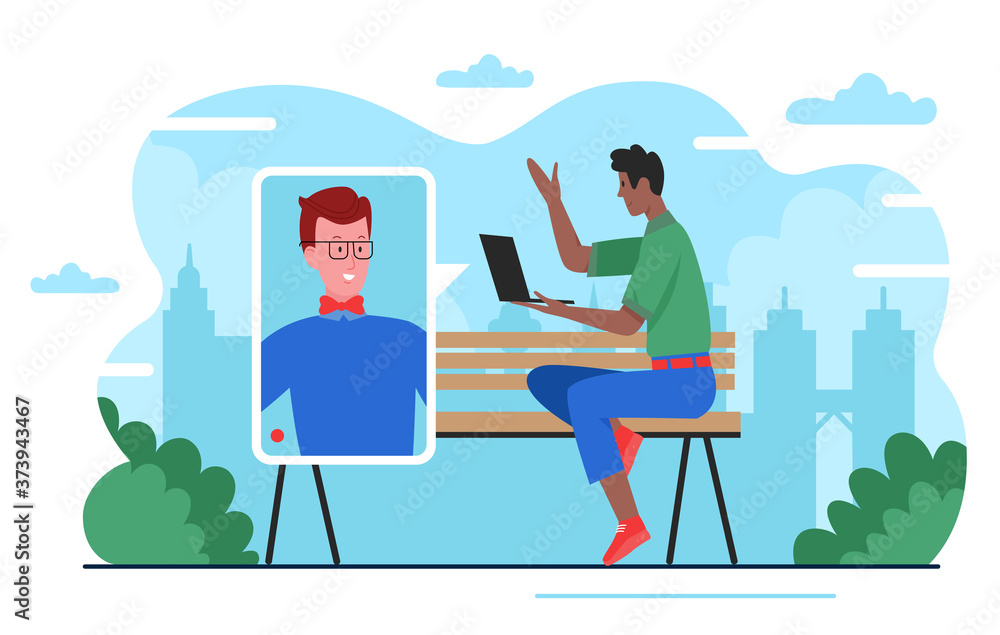 Freelance remote work vector illustration. Cartoon flat happy man ...