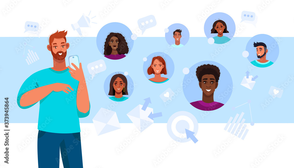 Online communication and group chat vector illustration with young man ...
