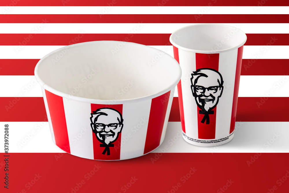 BANGKOK, THAILAND - August 24, 2020: KFC fried chicken bucket on red ...