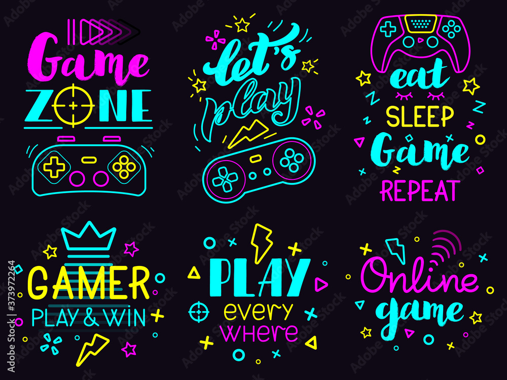 Vetor de Neon video game phrases. Online game console lettering, modern ...