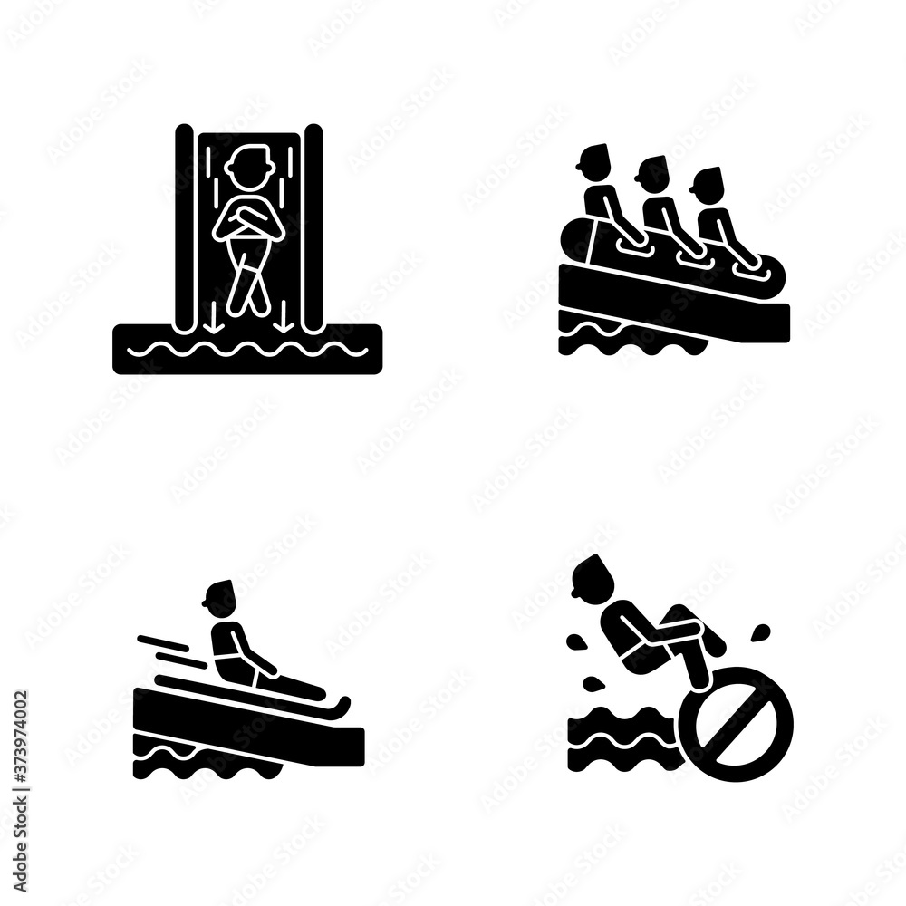Waterslide types black glyph icons set on white space. Speed slide ...