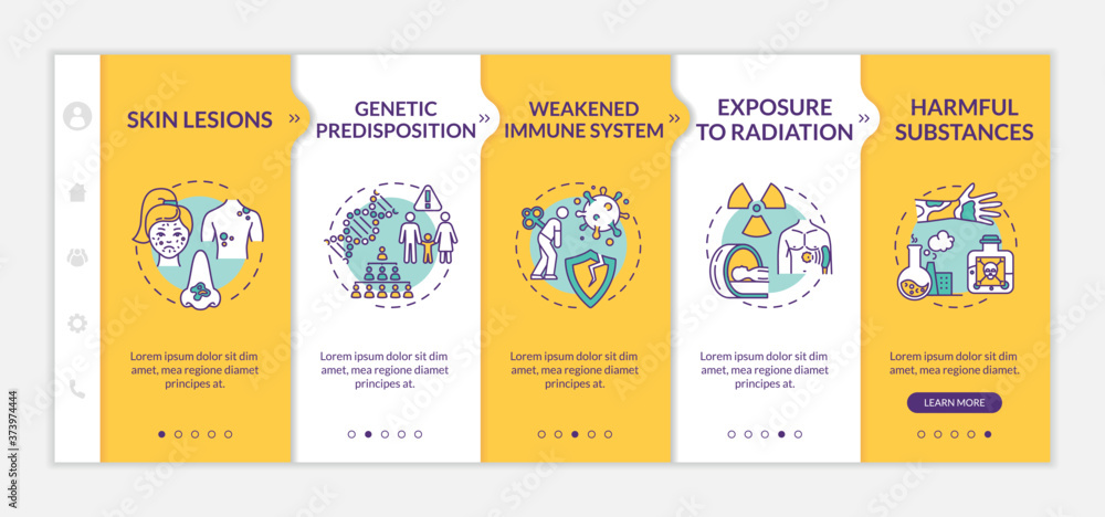 Skin cancer risk factors onboarding vector template. Weakened immune ...