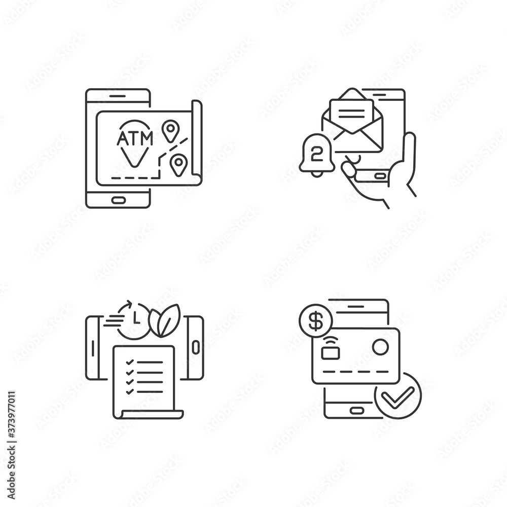 Mobile bank service app linear icons set. ATMs map. Email alert ...