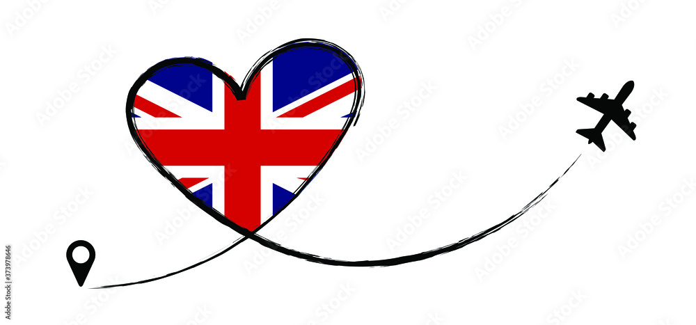 Flag England. Love Romantic travel airplane line path of air plane ...