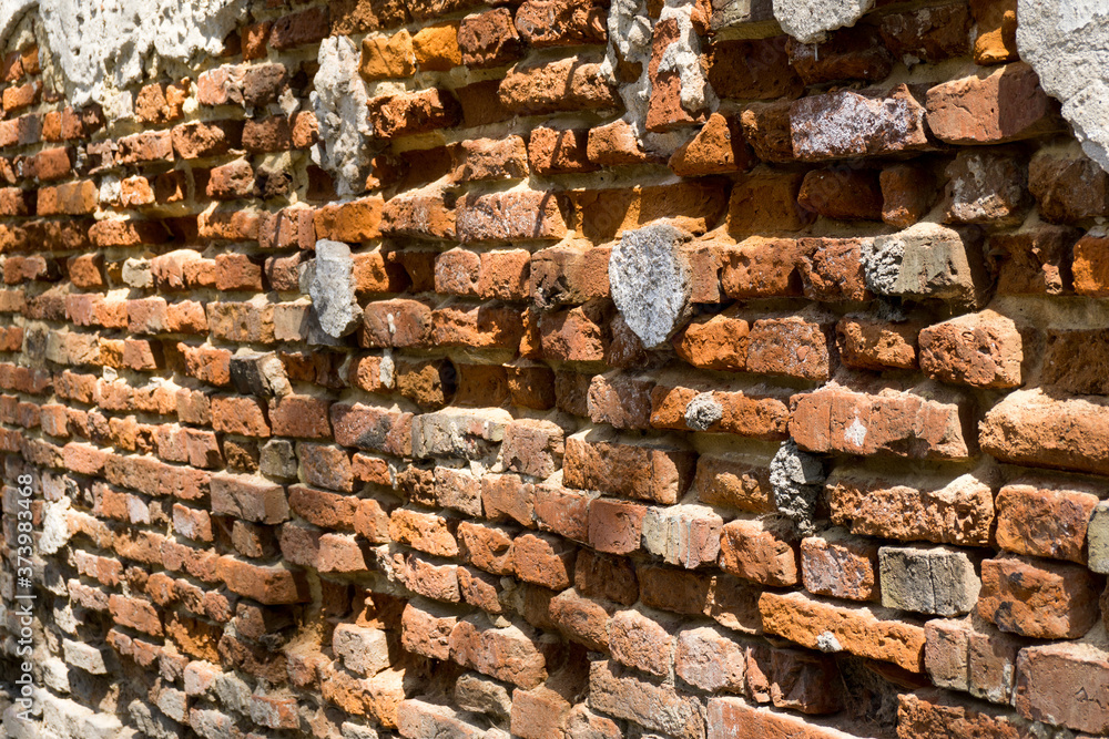 Dilapidated with potholes old brick wall of the building, made of red ...