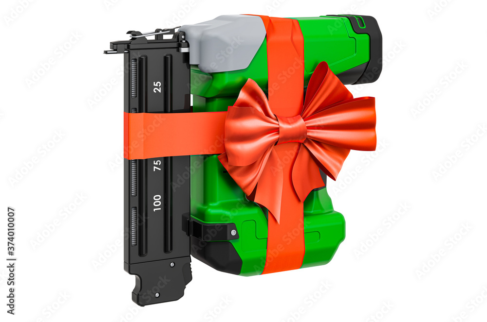 Electric nail gun with red bow and ribbon, gift concept. 3D rendering ...