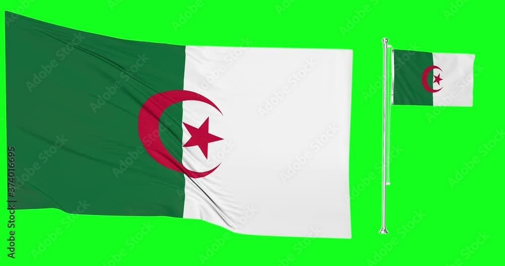 Green screen Algeria two flags waving algerian flagpole fluttering with ...