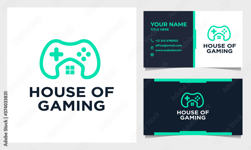 Line Art gaming logo design with home or house icon and Business card ...