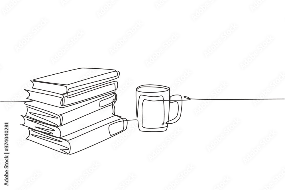 Single continuous line drawing of pile of books with a cup of hot black ...