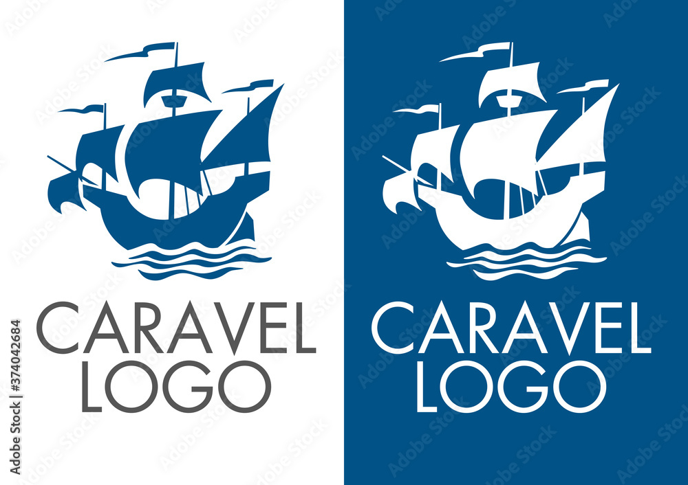 Caravel logo. Silhouette of an old sailing ship. Symbol for identity ...