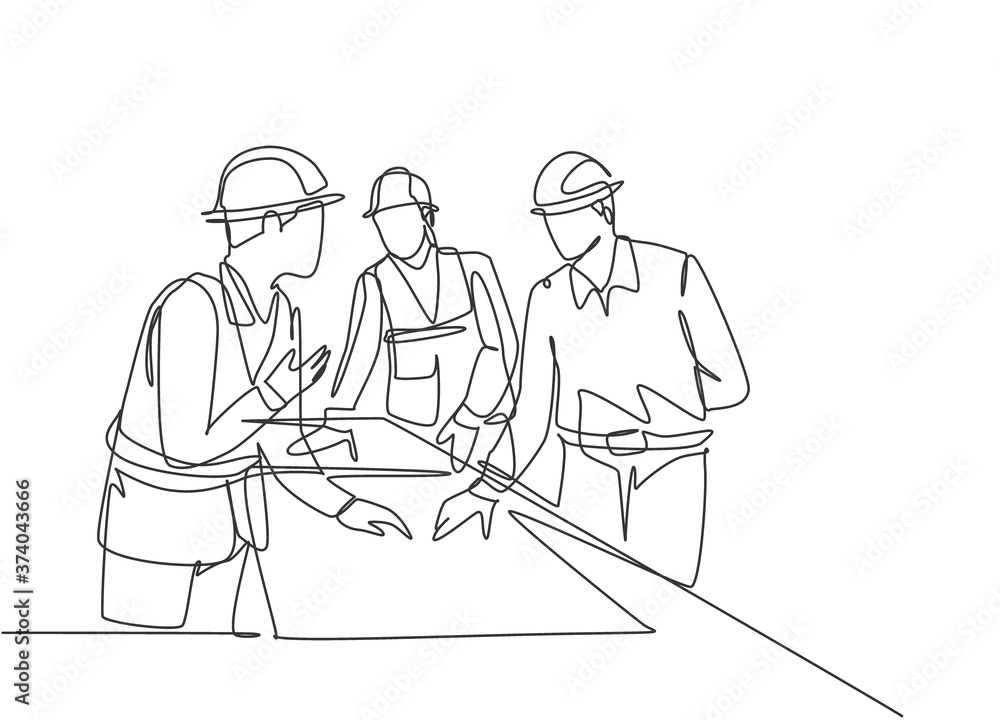 One continuous line drawing of young architects discussing construction ...