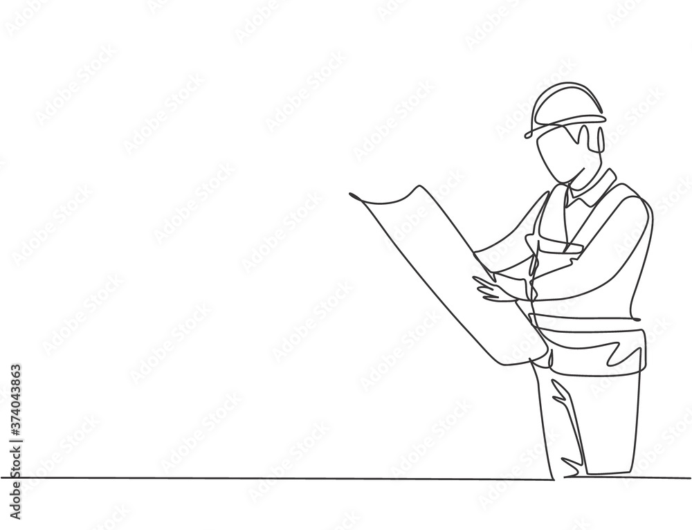 Single continuous line drawing of young attractive architect checking ...