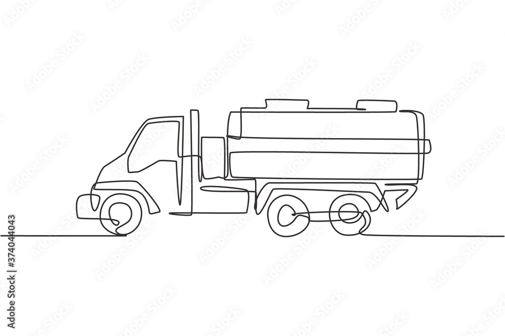 Single continuous line drawing of tanker truck for delivering gasoline ...