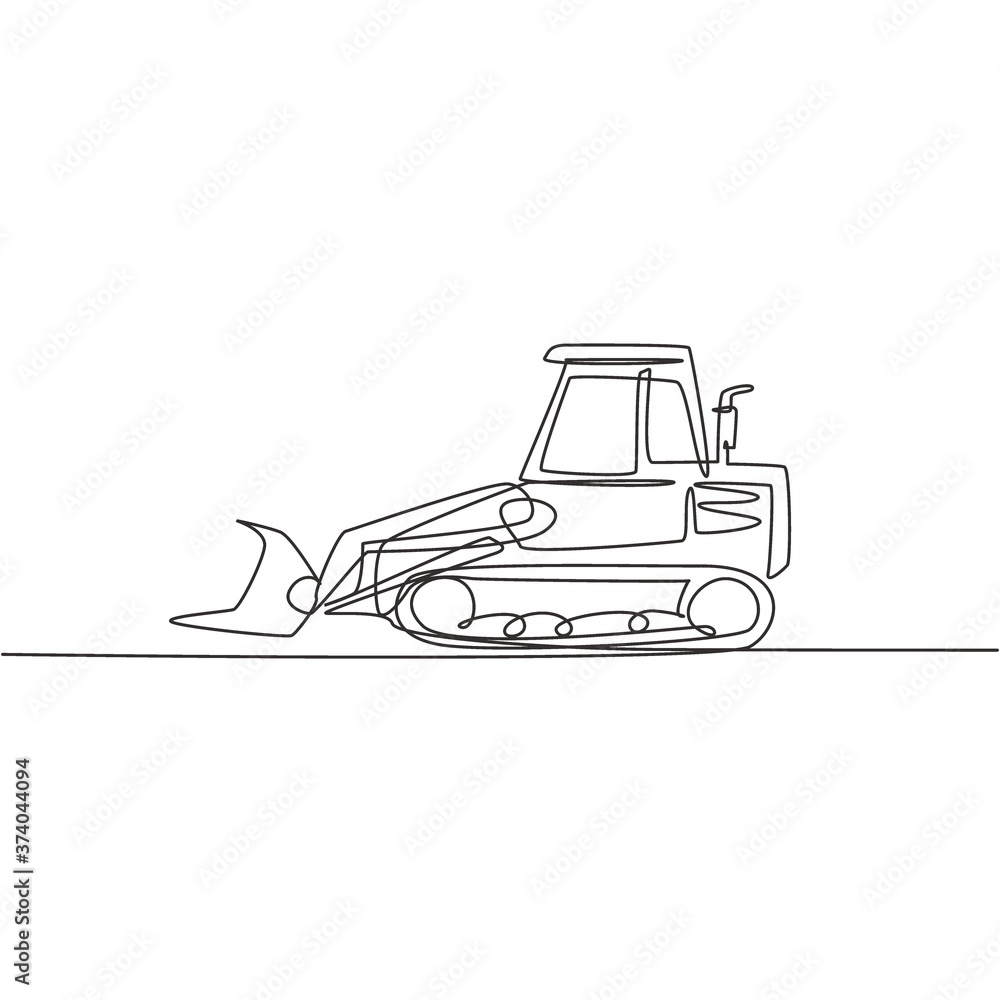 Single continuous line drawing of bulldozer for road repair, business ...