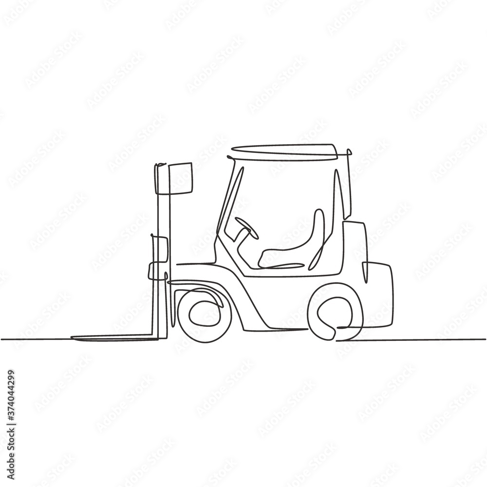 One continuous line drawing of metal forklift for lifting materials in ...