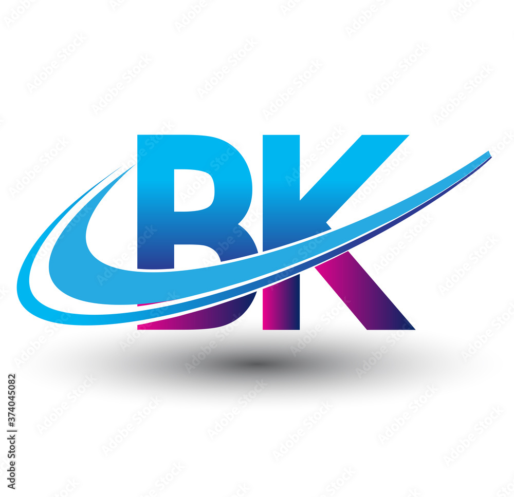 initial letter BK logotype company name colored blue and magenta swoosh ...