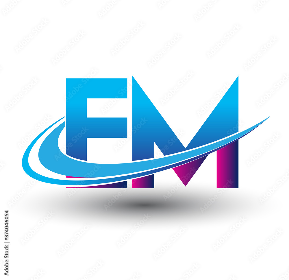 initial letter EM logotype company name colored blue and magenta swoosh ...