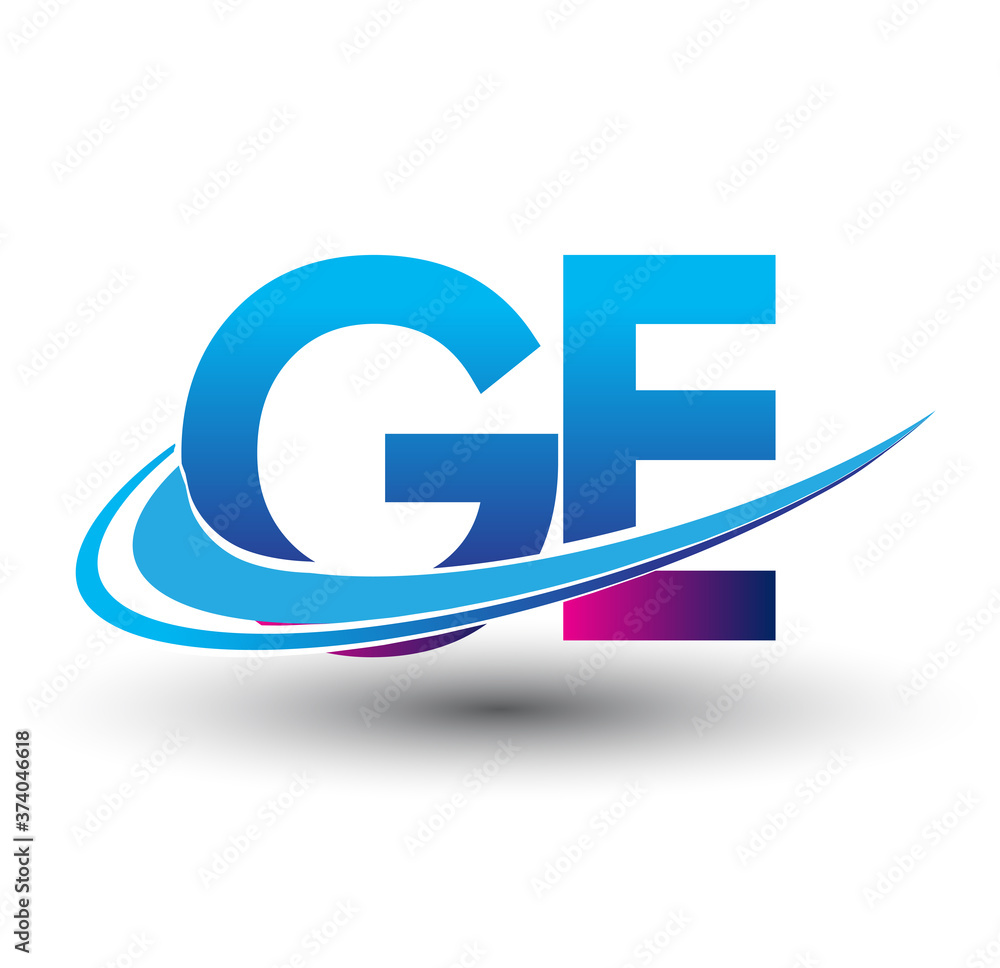 initial letter GE logotype company name colored blue and magenta swoosh ...