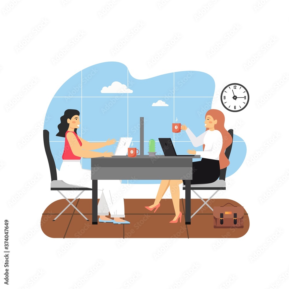 Office scene with modern workplace, two women working together and ...