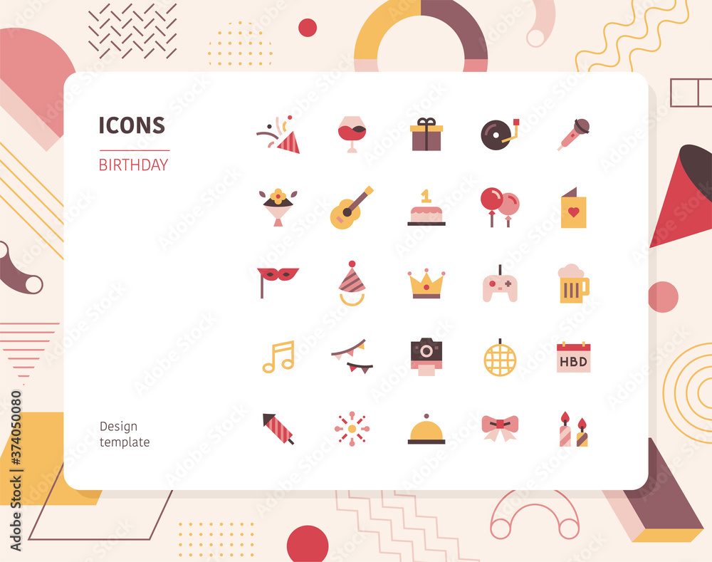 Birthday color icon set design template. flat design style minimal ...