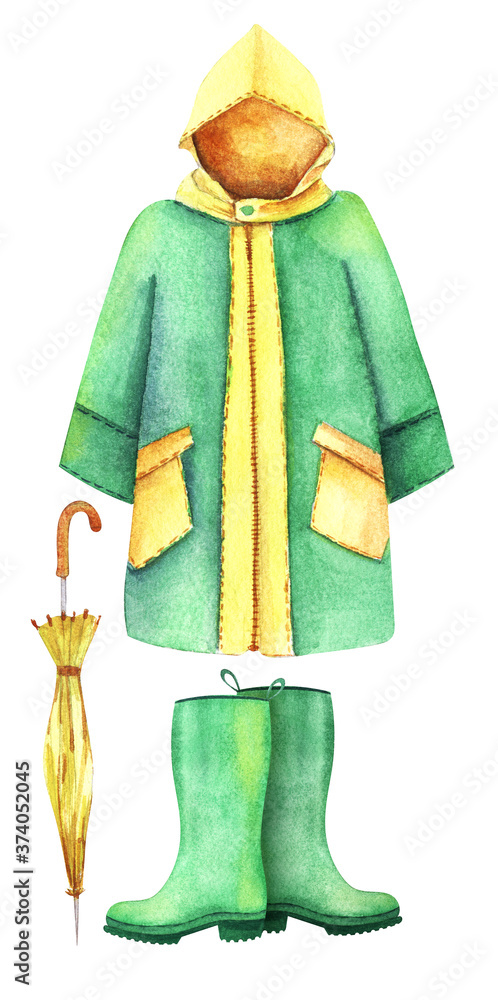 Watercolor image of waterproof green and yellow costume isolated on ...
