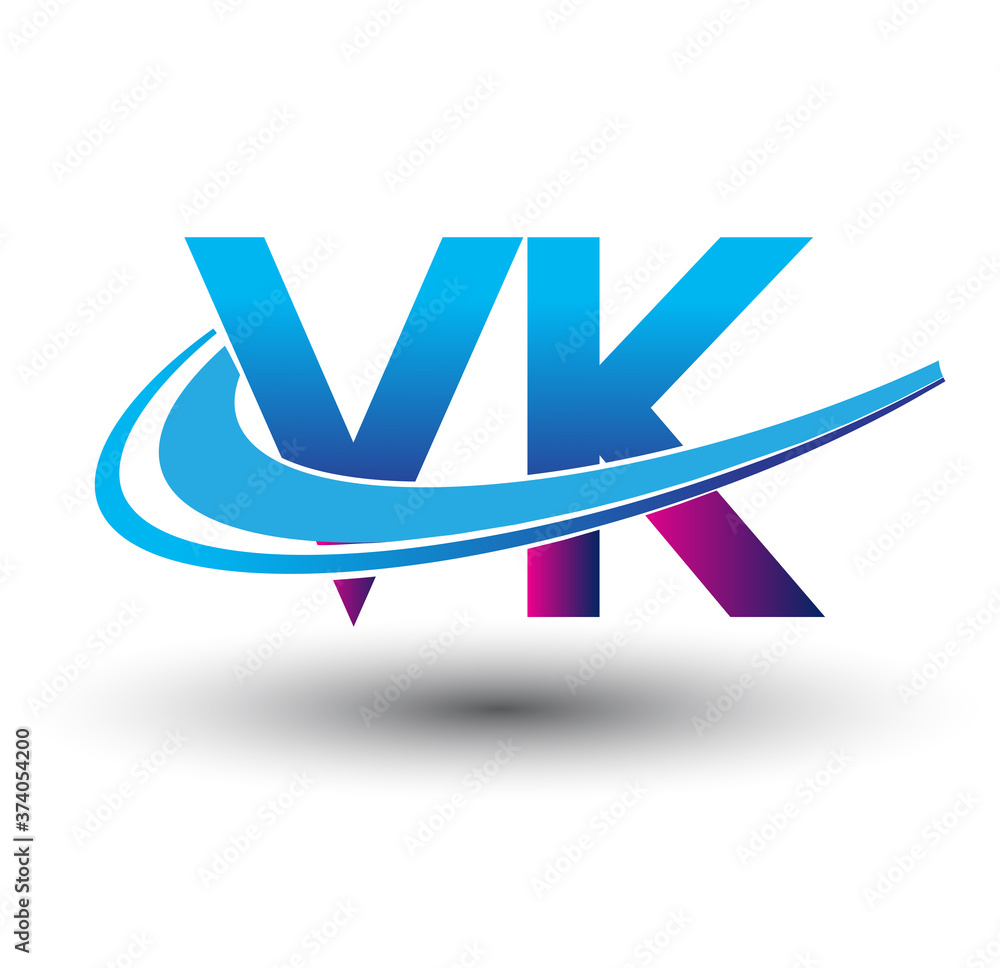 initial letter VK logotype company name colored blue and magenta swoosh ...