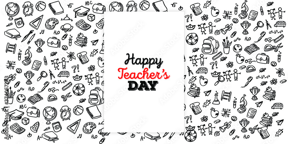 Set of Hand draw Teacher's day Doodle backgrounds. Objects from a ...