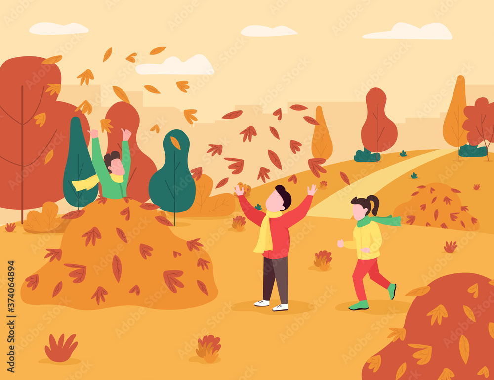 Children play in leaves pile semi flat vector illustration. Kids game ...