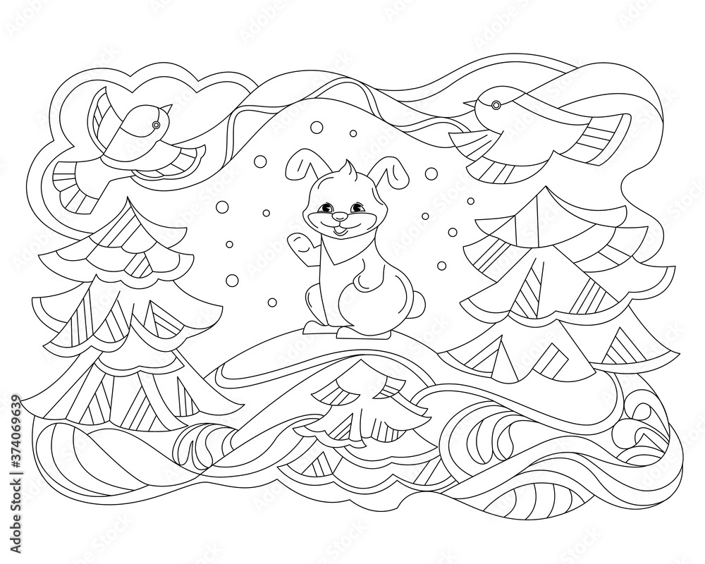 Rabbit in the winter forest. Coloring book page. Vector illustration ...