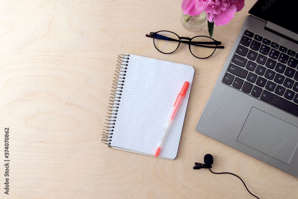 Writing desk with computer, notebook, microphone for podcast recording ...
