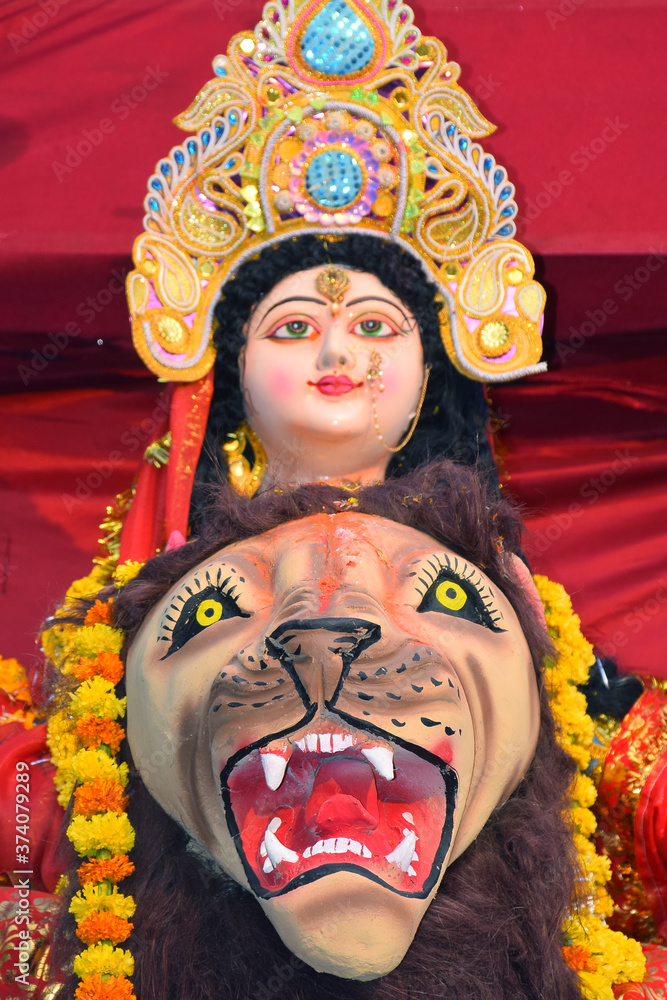 Sculpture of Hindu Goddess Durga, Goddess Durga idol with ornaments in ...