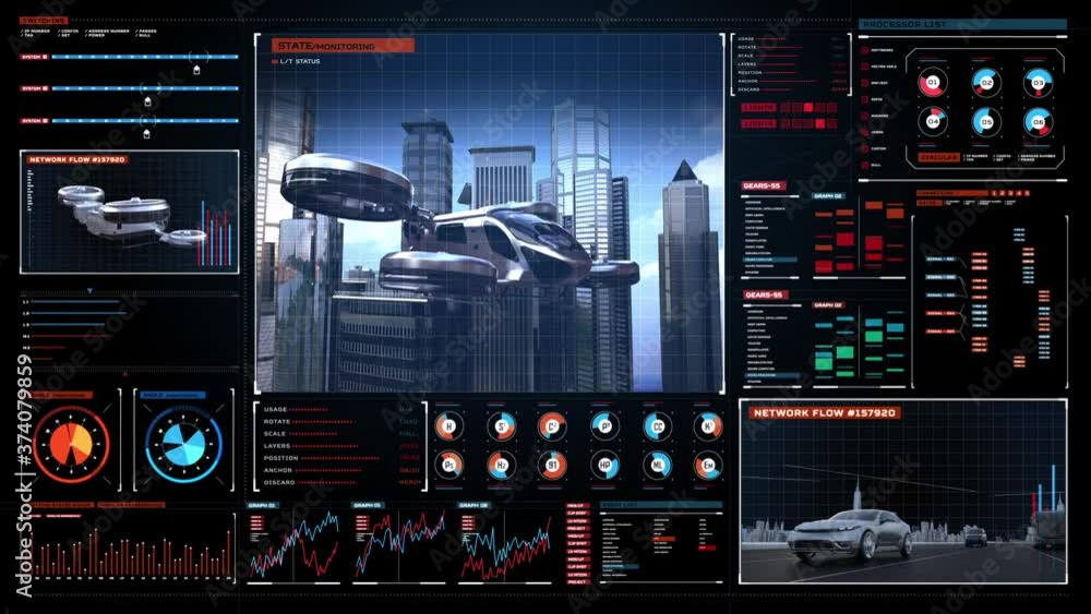 Drone taxi flying between buildings in user interface display, Future ...