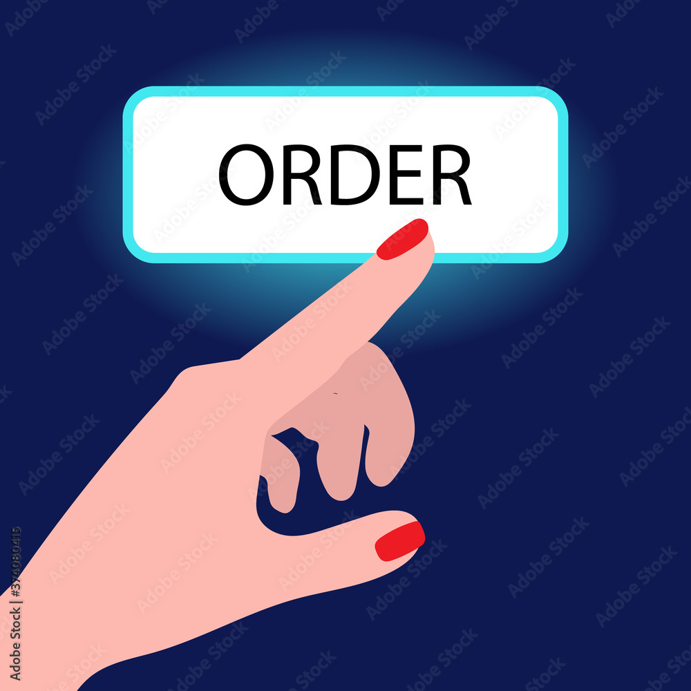 Vector illustration of female hand. Index finger presses button to ...