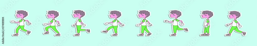 set of boy walk cycle cartoon icon design template with various models ...