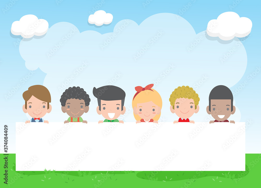 kids holding sign, children peeping behind placard, happy children ...