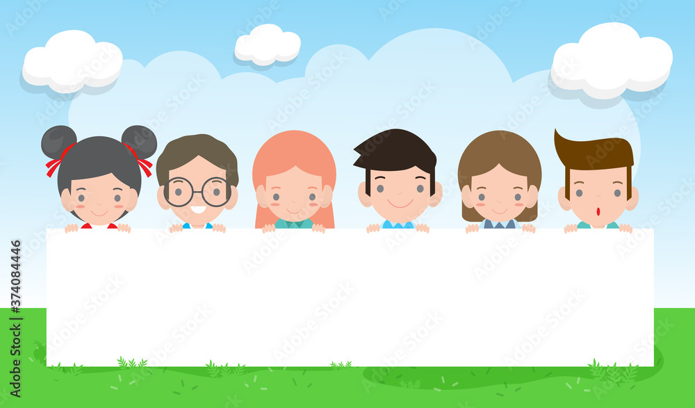 kids holding sign, children peeping behind placard, happy children ...