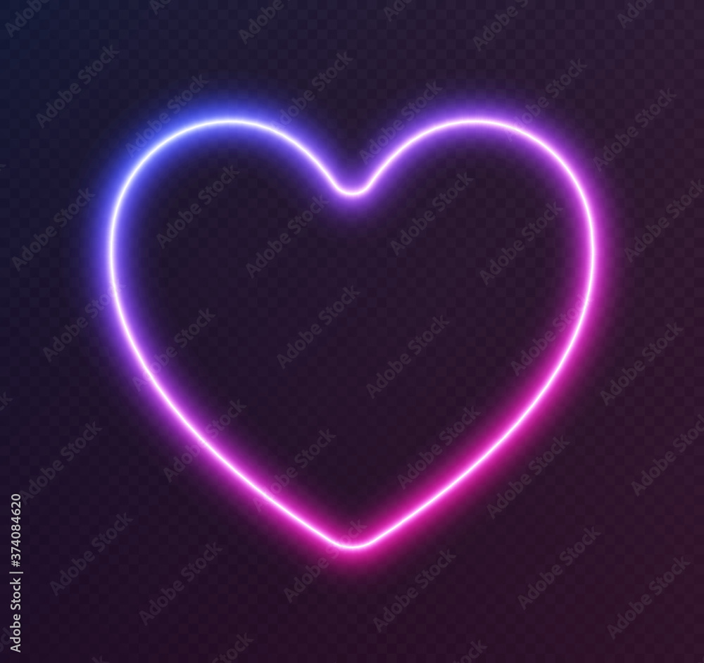 Gradient neon heart, blue-pink glowing border isolated on a dark ...