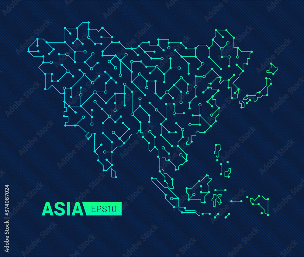 Abstract futuristic map of Asia. Electric circuit of the region ...