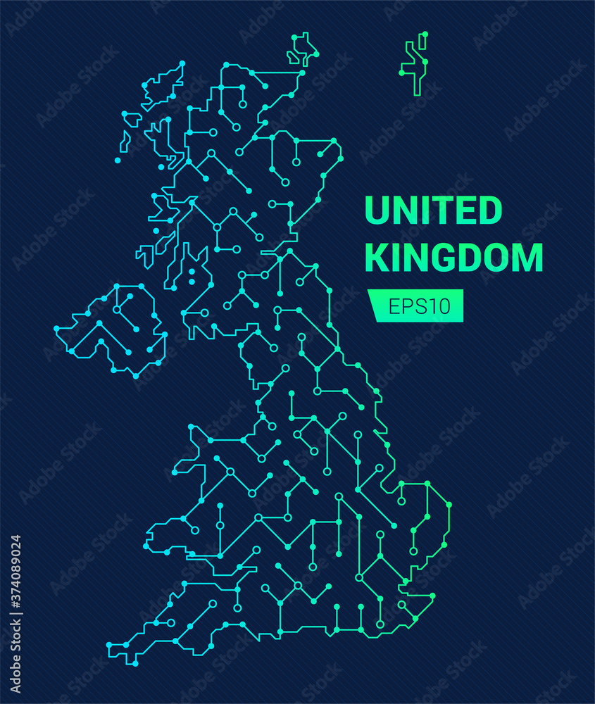 Abstract digital map of United Kingdom. Electric circuit of the country ...