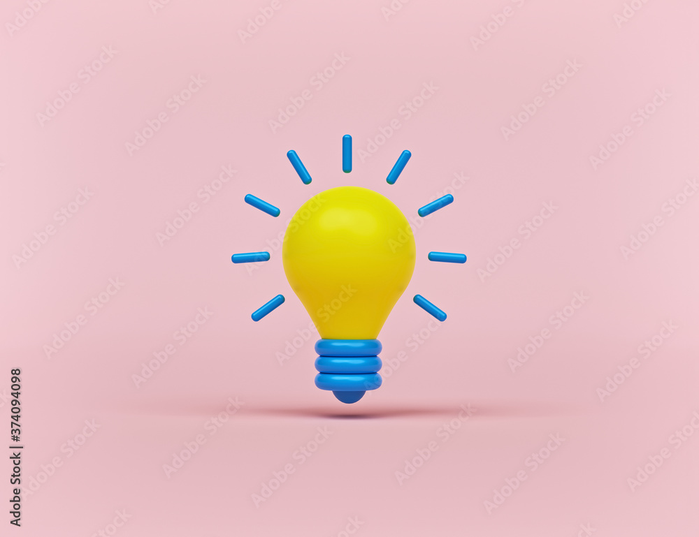 cartoon style minimal light bulb icon, symbol isolated on pastel pink ...
