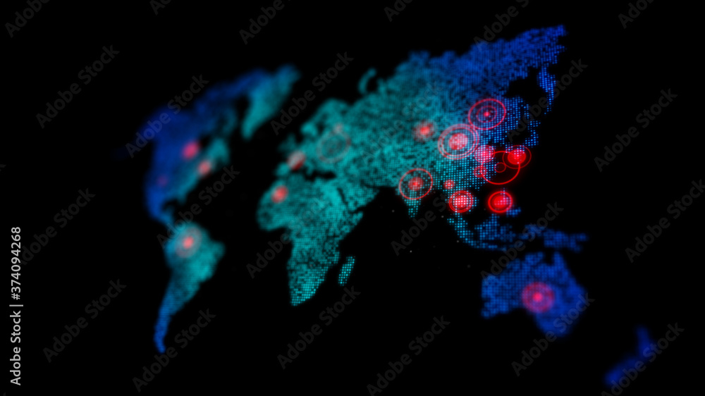3D dot world map with red circle aim target on the map, for futuristic concept, with shallow ...