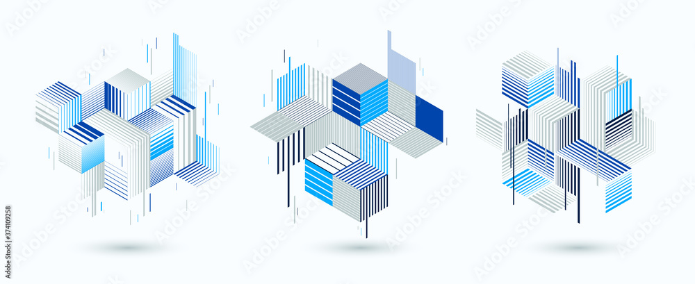 Line design 3D cubes and triangles abstract backgrounds set, polygonal ...