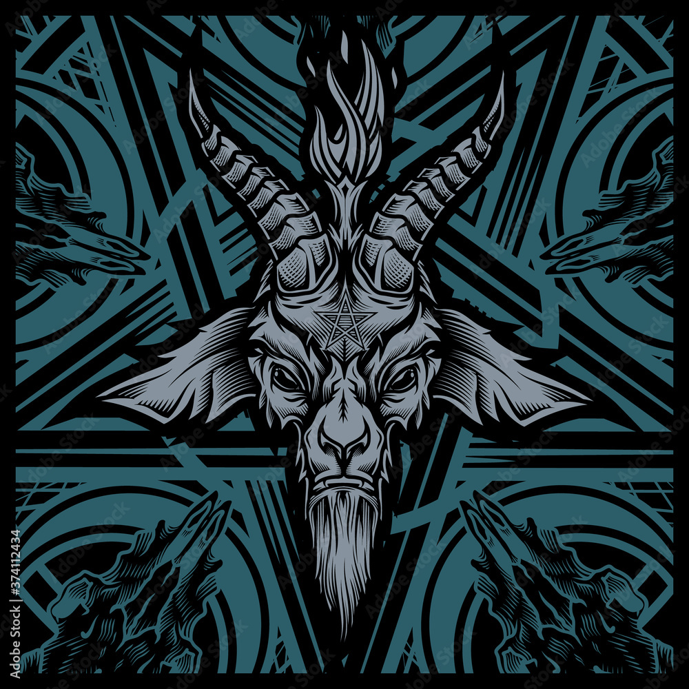 Baphomet goat head. Vector illustration in stylish engraving technique ...