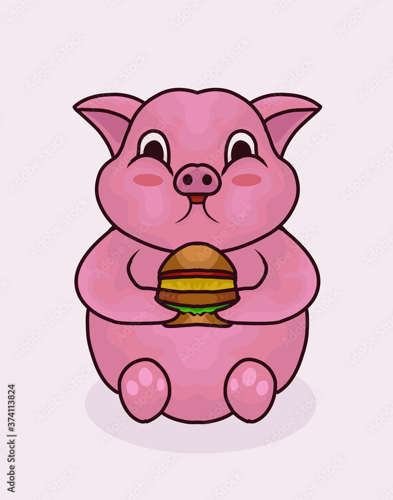 cute pig eating burger cartoon style on white background-vector ...