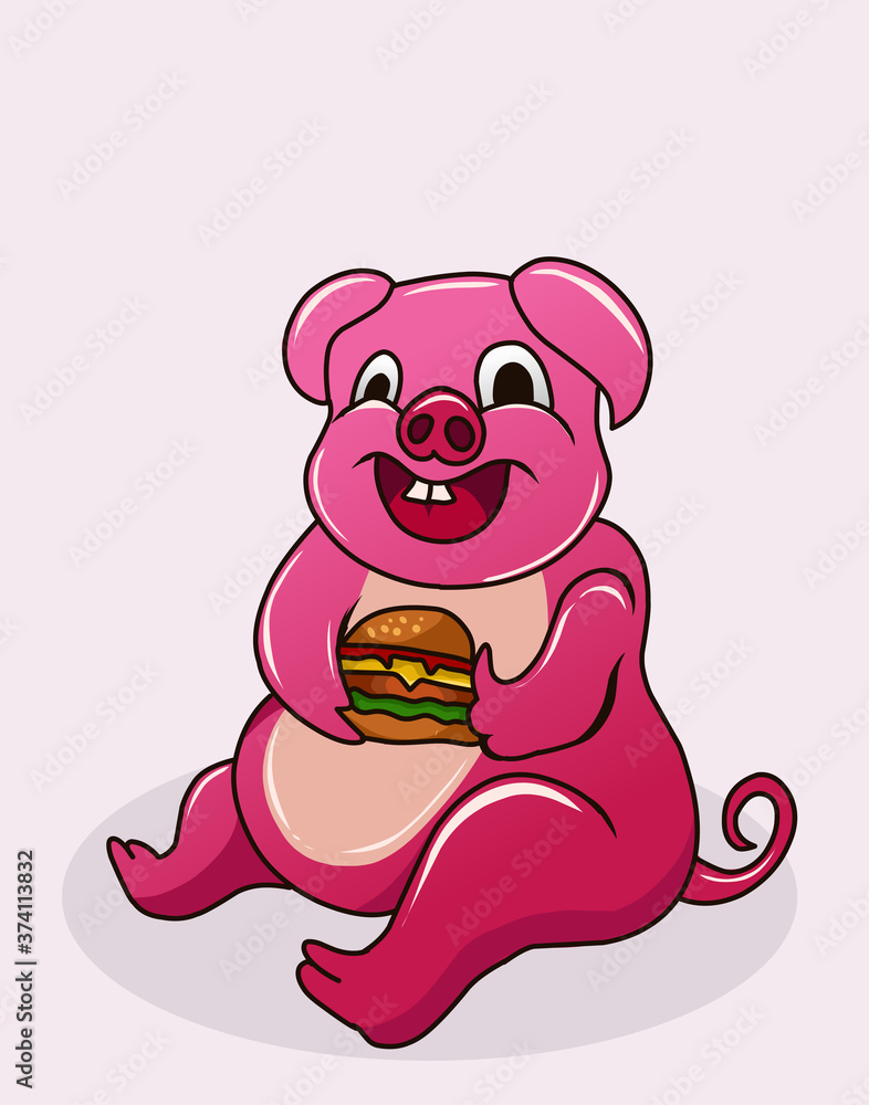 cute pig eating burger cartoon style on white background-vector ...