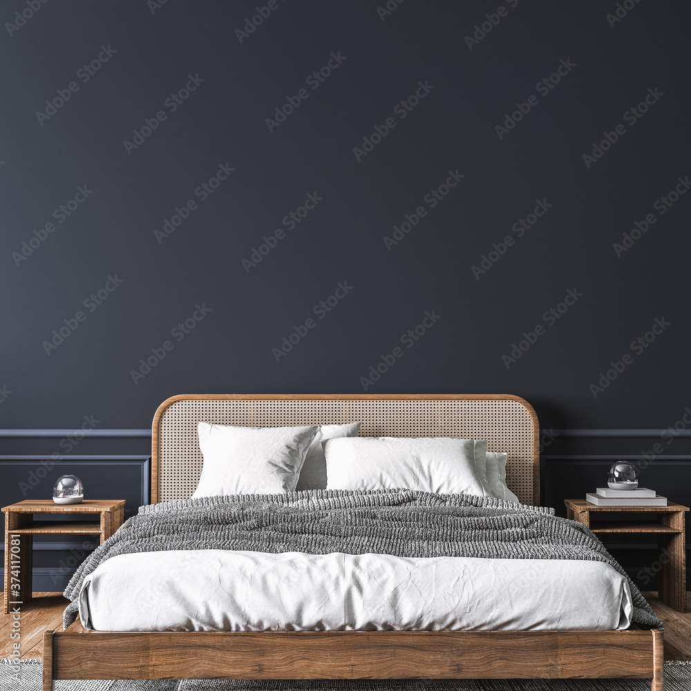 Dark bedroom interior mockup, wooden rattan bed on empty dark wall ...