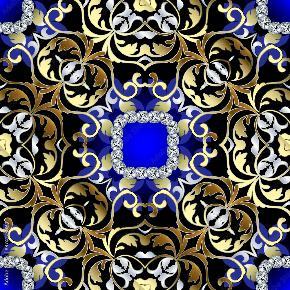 Jewelry 3d floral seamless pattern. Baroque style royal background ...