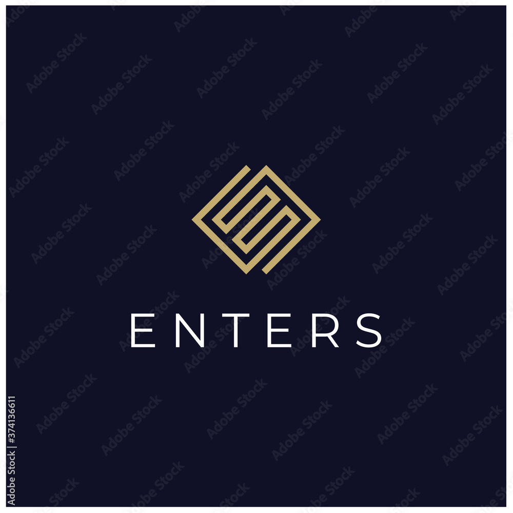 Mirror Initial Letter E Labyrinth simple line art classic golden logo ...