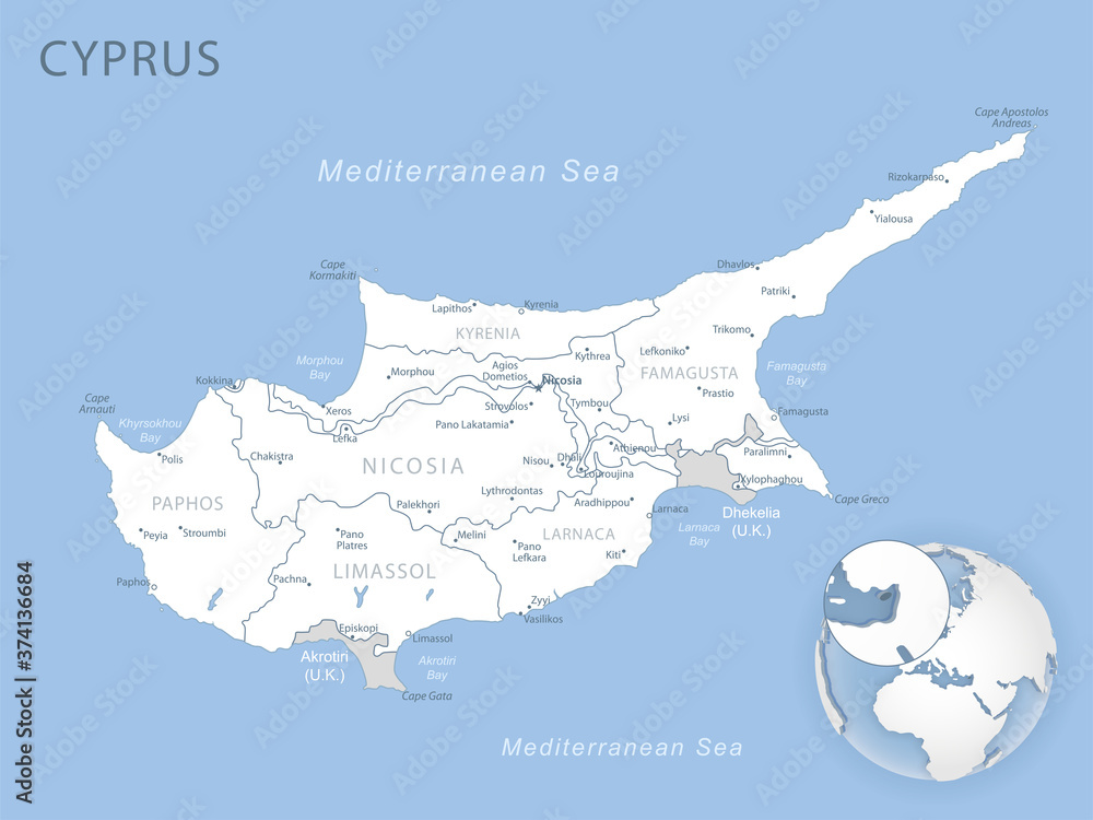 Blue-gray detailed map of Cyprus administrative divisions and location ...